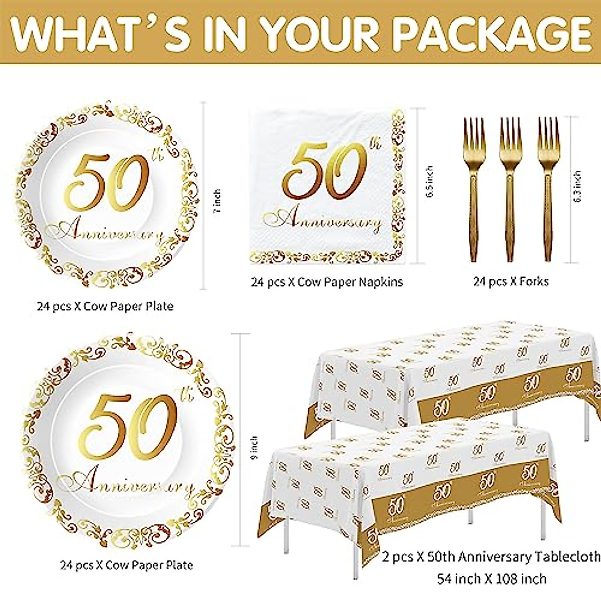 APOWBLS 50th Anniversary Decorations And Supplies Tableware - Golden 50th Wedding Anniversary Decorations, Plate, Napkin, Tablecloth, Fork, 50 Year Anniversary Party Supplies Decorations | Serve 24