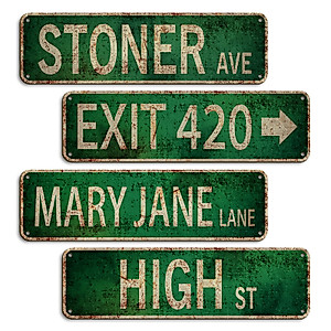 Stoner Avenue Street Sign 4 Signs of Exit 420 /High St /Mary Jane Lane /Stoner Ave for Room Decor, Duplex Printing Waterproof Trippy Room Decor for Stoners, Vintage Rustic Retro Street Sign for Bedroom