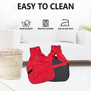 Greyhound Lurcher Winter Coat, Whippet Coat with Padded Fleece, Waterproof Dog Jacket with Adjustable Bands and Zipper Harness Hole - Red - Medium