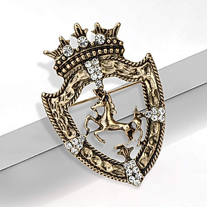 YYBONNIE Vintage Golden Tone Queen Crown Pin Brooch Crystal Horse Racing Chapter Badge