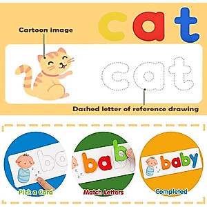 Wooden Toddler See and Spelling Learning Toy Matching Alphabet Word Game with 56 Different Words on 28 Two-Sided Cognitive Cards Letter Jigsaw Puzzle Toys for Kid’s Montessori Preschool Education