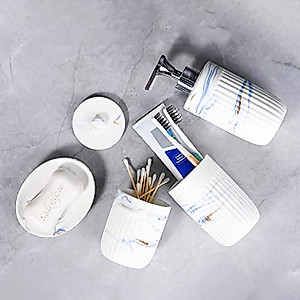 Bathroom Accessories Set with Blue Marble Look Ink White, Toothbrush Holder, Bathroom Canister, Soap Dispenser, Dish, Modern Bathroom Decoration,Ceramic High Grade Gift Packaging for Women and Men.