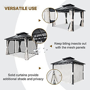 EAGLE PEAK 10x12 Outdoor Double Roof Hardtop Gazebo with Decorative Lattice Eave Steel Frame, Mosquito Mesh Netting and Light Beige Privacy Curtains, Backyard Patio Garden Gazebo Pavilion, Black