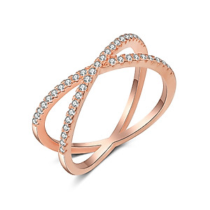 X Ring Sterling Silver, Cubic Zirconia X Criss Cross Ring for Women, (rose-gold-plated-silver, 6)