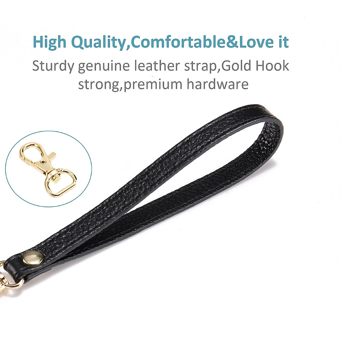 UTreers Wristlet Strap, Genuine Leather Keychain Wristlet KeyChain Hand Strap for Wallet Purse Clutch Cellphone Wristlet Key (A Black)