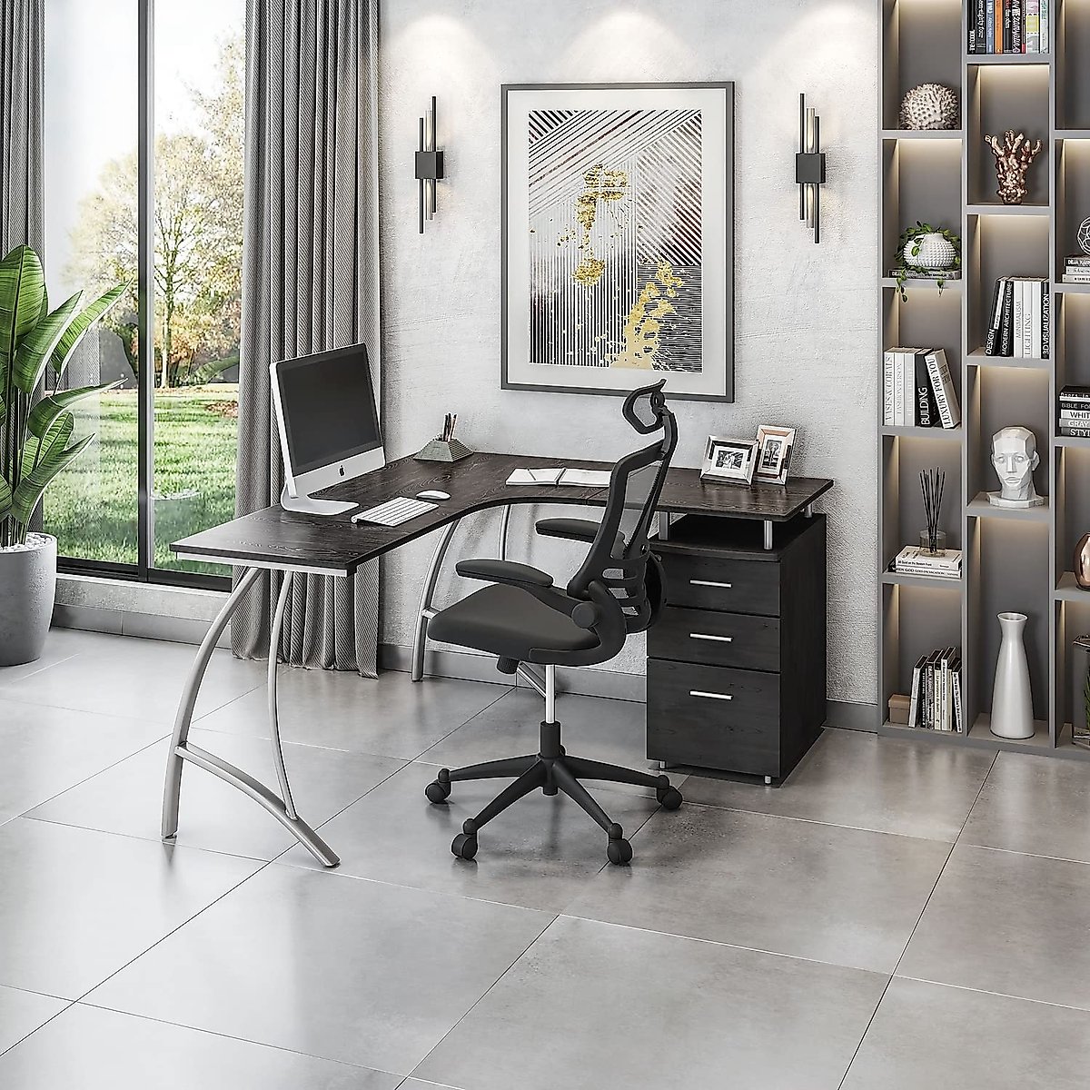 Techni Mobili Modern L Shaped Computer Desk with File Cabinet and Storage, Workstation Table with MDF Panels and PVC Laminate Veneer Surface, Espresso
