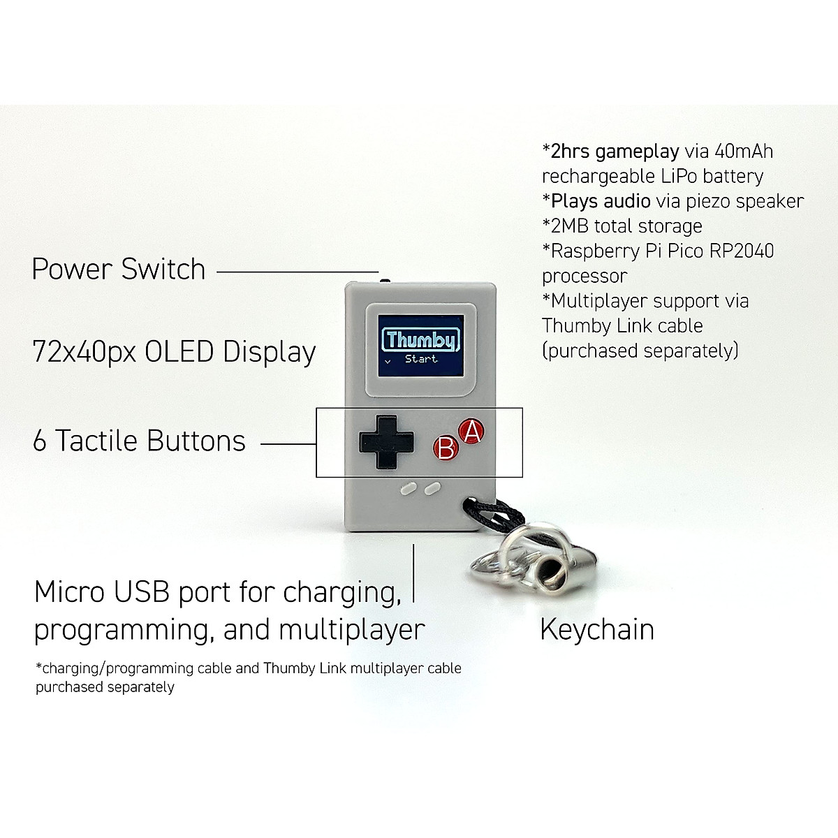 TinyCircuits Thumby (2 Pack Gray & Clear Plus Link Cable), Tiny Game Console, Playable Programmable Keychain: Electronic Miniature, STEM Learning Tool