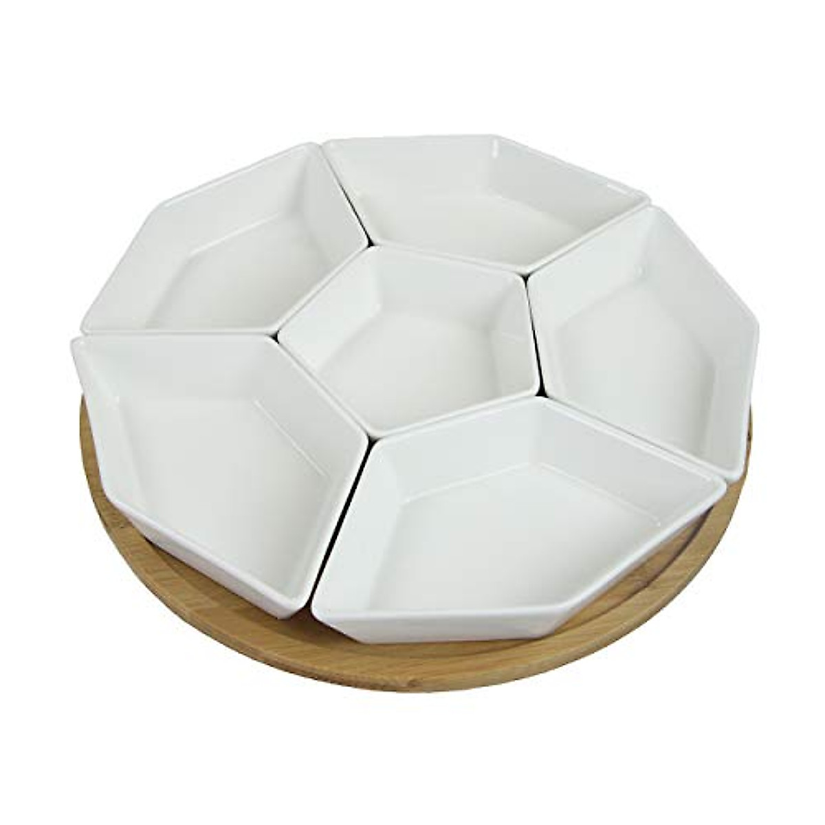 Elama Ceramic Stoneware Condiment Appetizer Set, 7 Piece, Geometric Round in White and Natural Bamboo