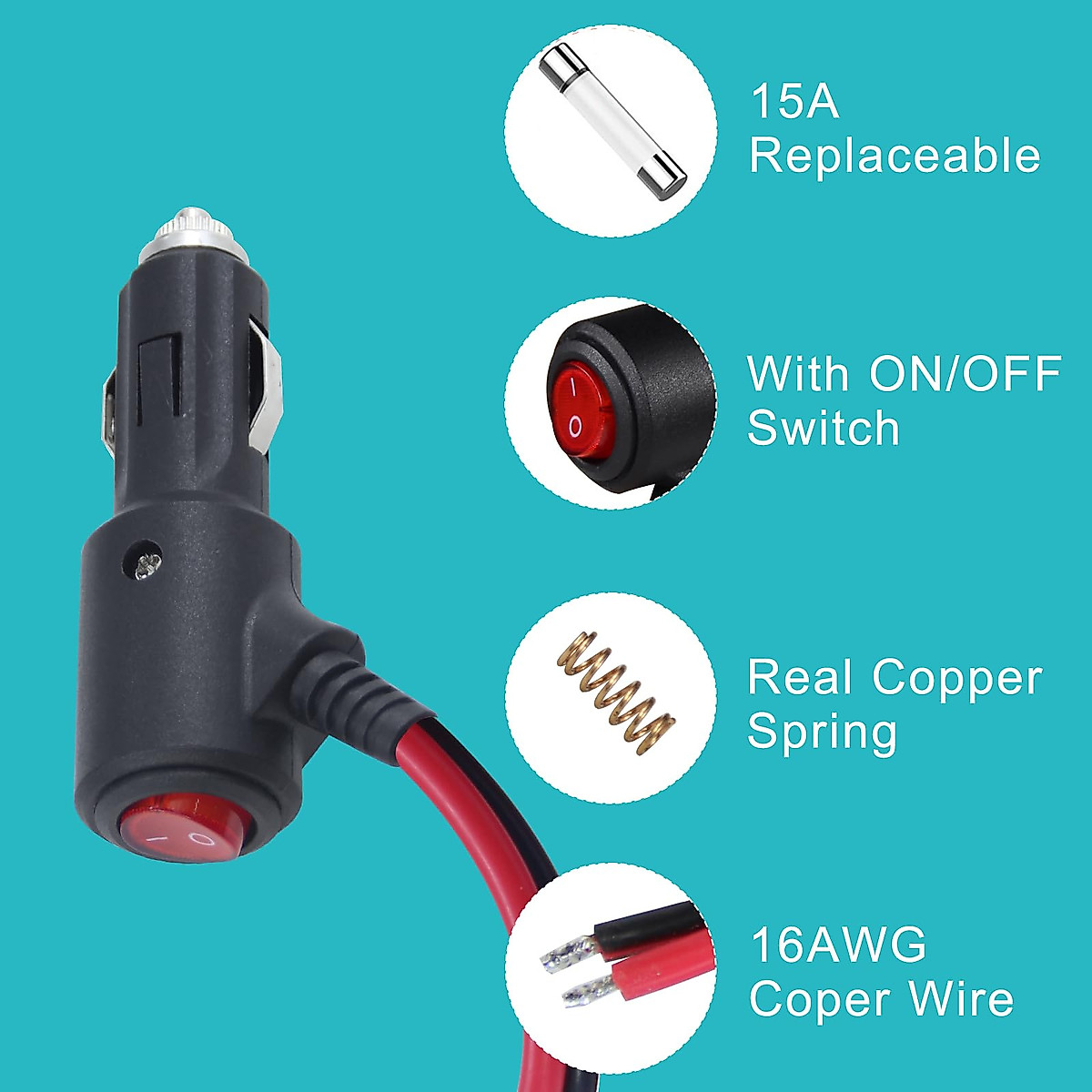 12V Cigarette Lighter Plug with On Off Switch - 6FT 16AWG Fused 15amp Male Plug Cigarette Lighter Replacement with Led Lights,12V Cigarette Lighter with Lead for Car Cooler,Cb Radio, Air Compressor