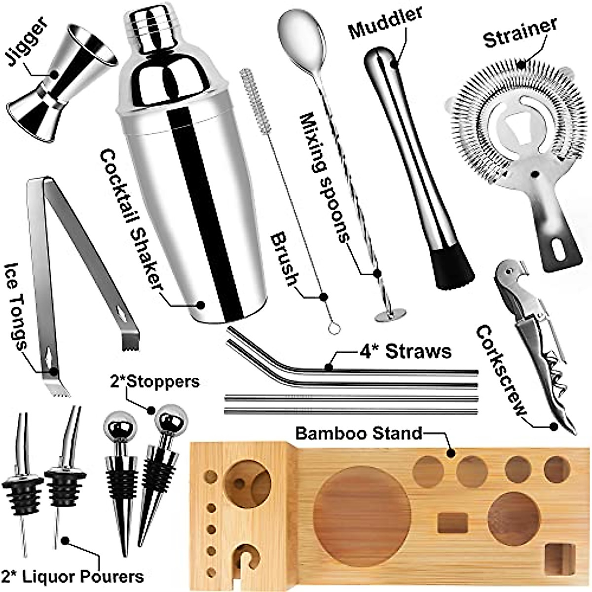 Cocktail Shaker Set Bartender Kit - 17 Pcs Bar Set with Bamboo Stand, Premium Stainless Steel Bar Tool Set, Home Bar Martini Shaker Set for Drinking Lovers
