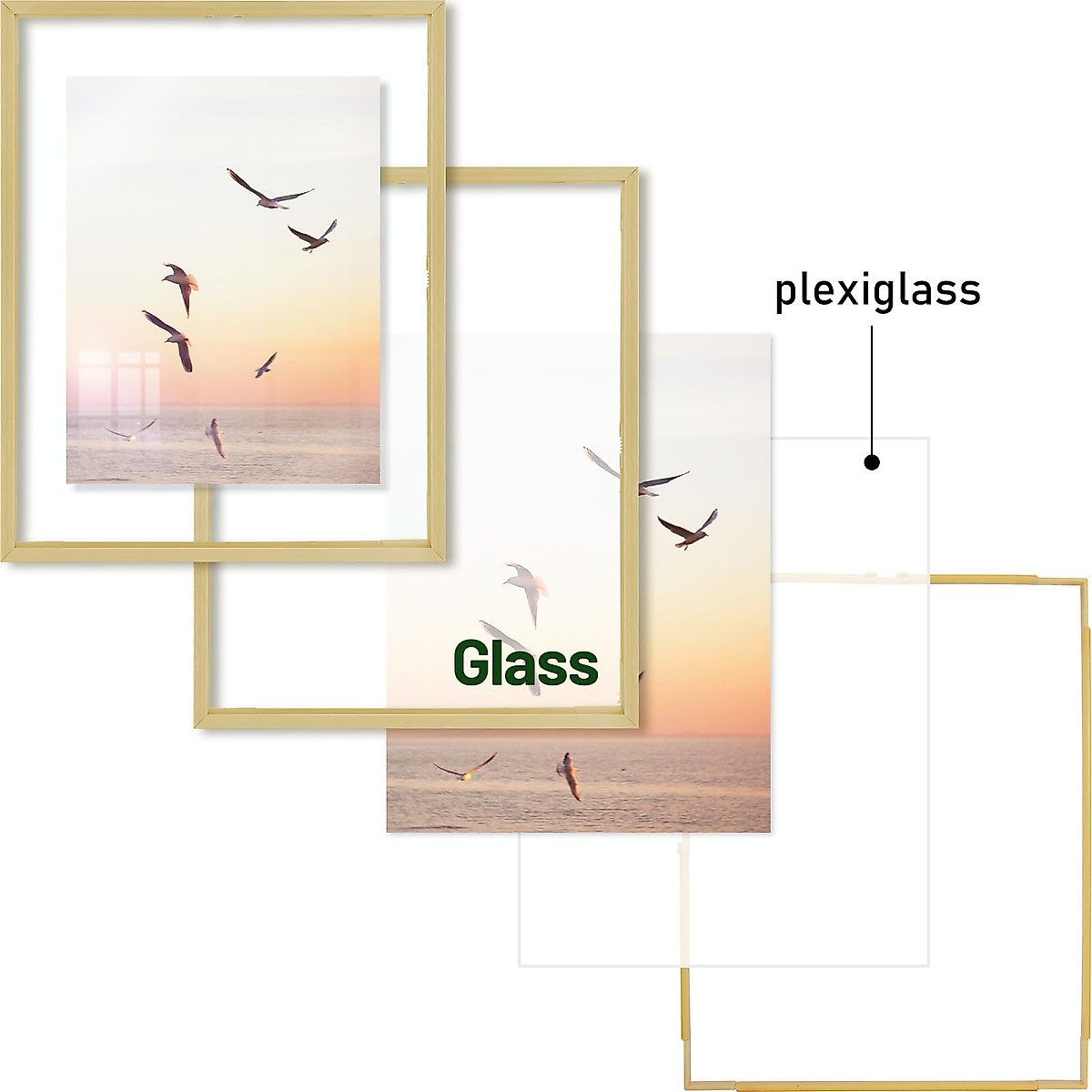 Frametory, Floating Picture Frame 11x14 - Gold Aluminum Metal Photo Frame - Real Glass of Front - for Wall Mount Displays