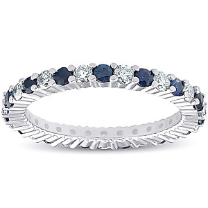 1 cttw Blue Sapphire Diamond Wedding Eternity Ring 14k White Gold - Size 6
