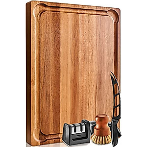 Home Hero X Large Wood Cutting Board 1.5" Thick, Reversible Acacia Wood Charcuterie Board with Handle, Butcher Block Cheese Board with Deep Groove and Bonus Cleaning Brush & Cheese Knife