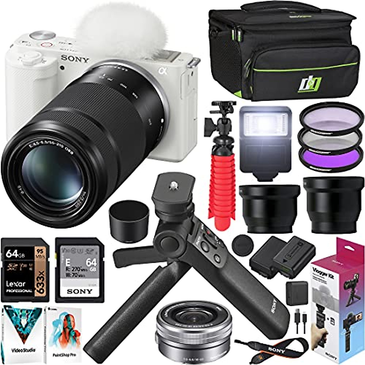 Sony ZV-E10 Mirrorless Camera 2 Lens Vlogger Kit 16-50mm + 55-210mm ILCZV-E10L/W White Bundle with ACCVC1 Including GP-VPT2BT Grip + Filters + Wide & Telephoto Lenses + Deco Gear Case & Accessories