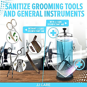 JJ CARE Disinfectant Jar (35 oz) - Barber Jar Glass, Sanitizer Disinfectant Glass Jar, Barber Disinfectant Jar Implement Disinfectant Container w/Stainless Steel Removable Strainer & Cap - Black Lid
