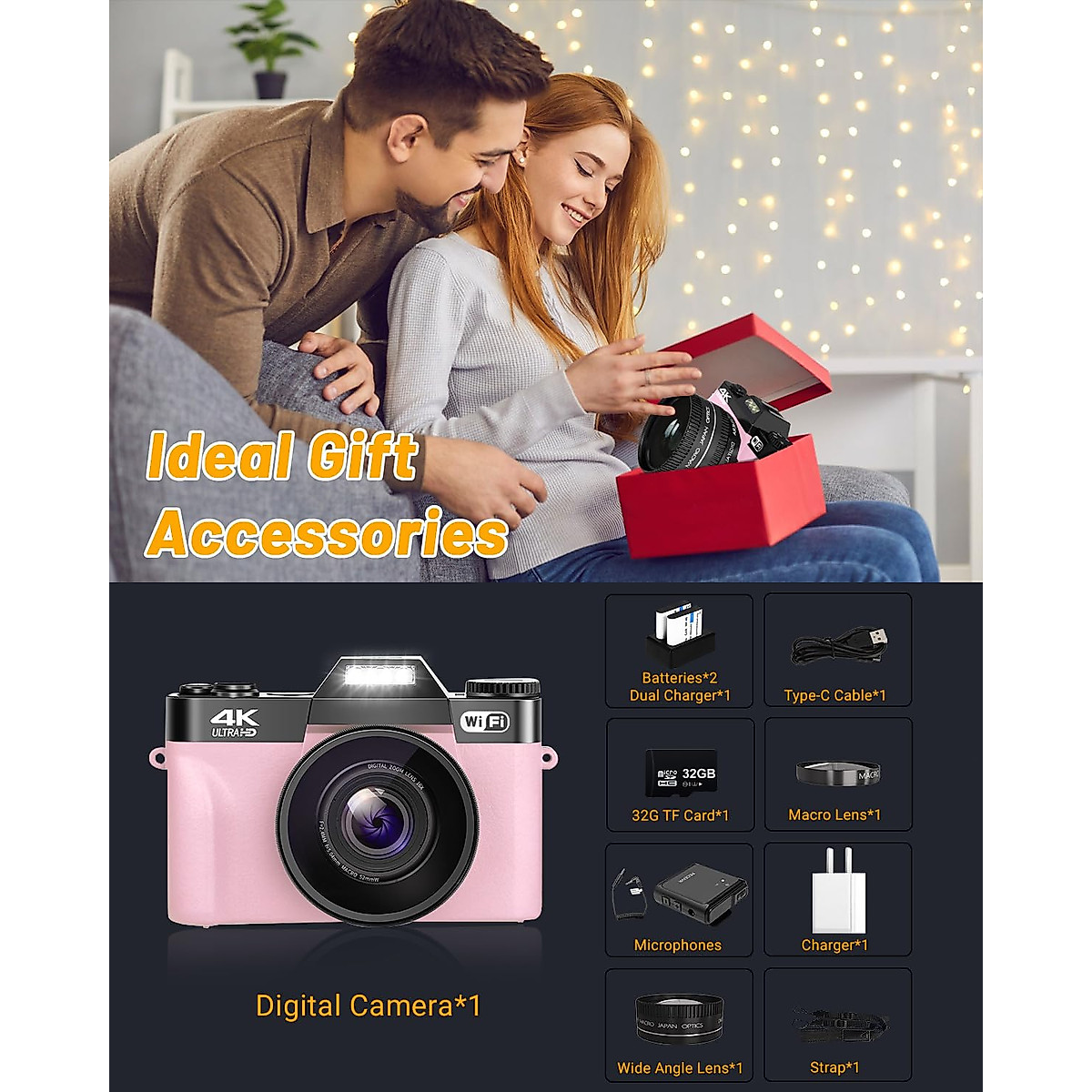 Digital Camera for Photograohy and Video VJIANGER 4K 48MP WiFi Vlogging Camera with 180° Flip Screen, 16X Digital Zoom, 52mm Wide Angle & Macro Lens, 2 Batteries and 32GB TF Card(W02-Pink32)