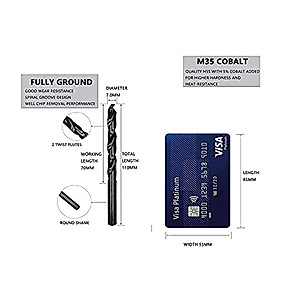 DelitonGude 7.0mm HSS M35 Cobalt Twist Drill Bits,9/32''inch High Speed Steel,Pack of 10,Suitable for Steels,Cast Iron,Stainless Steel,Copper and Other Hard Metals(7.0mm)