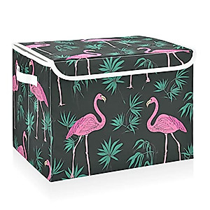 CaTaKu Pink Flamingo Palm Leaves Storage Bins with Lids and Handles, Fabric Large Storage Container Cube Basket with Lid Decorative Storage Boxes for Organizing Clothes