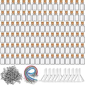Mimorou 100 Pcs Mini Glass Bottles with Cork Stoppers 2 ml Clear Small Jars 0.07oz Vials Sets DIY Decorative Wish Potion Bottles, Including Eye Screws Ropes 10 Funnels