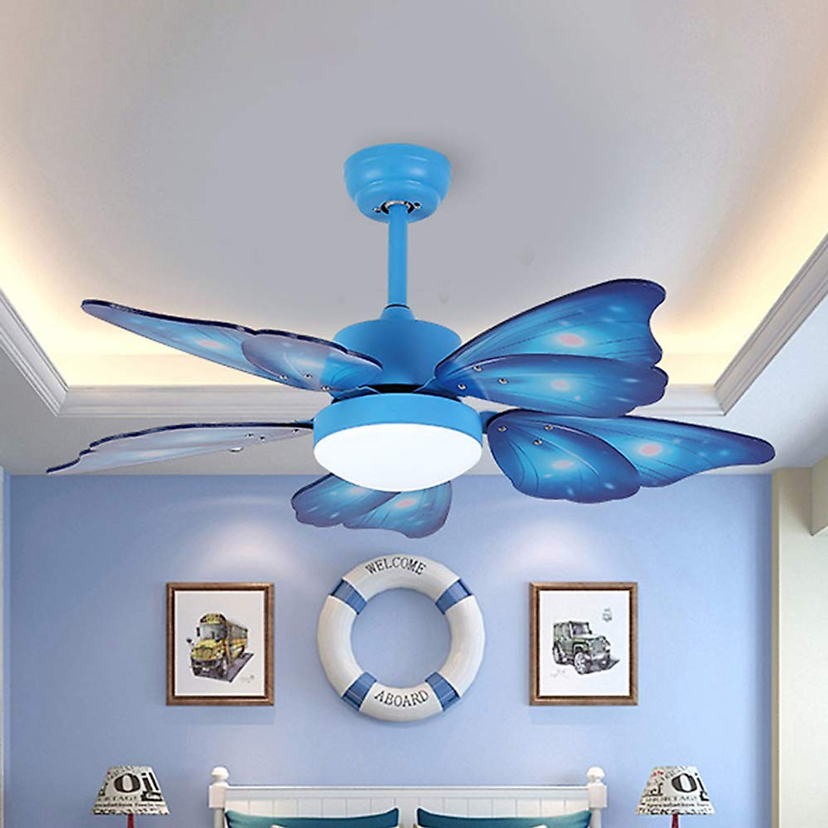 KWOKING Lighting Creative Butterfly Wing Ceiling Light and Fan with Remote Control 5 Blades LED Bedroom Hanging Fan Light Adjustable Speed for Kids Bedrooms - Blue