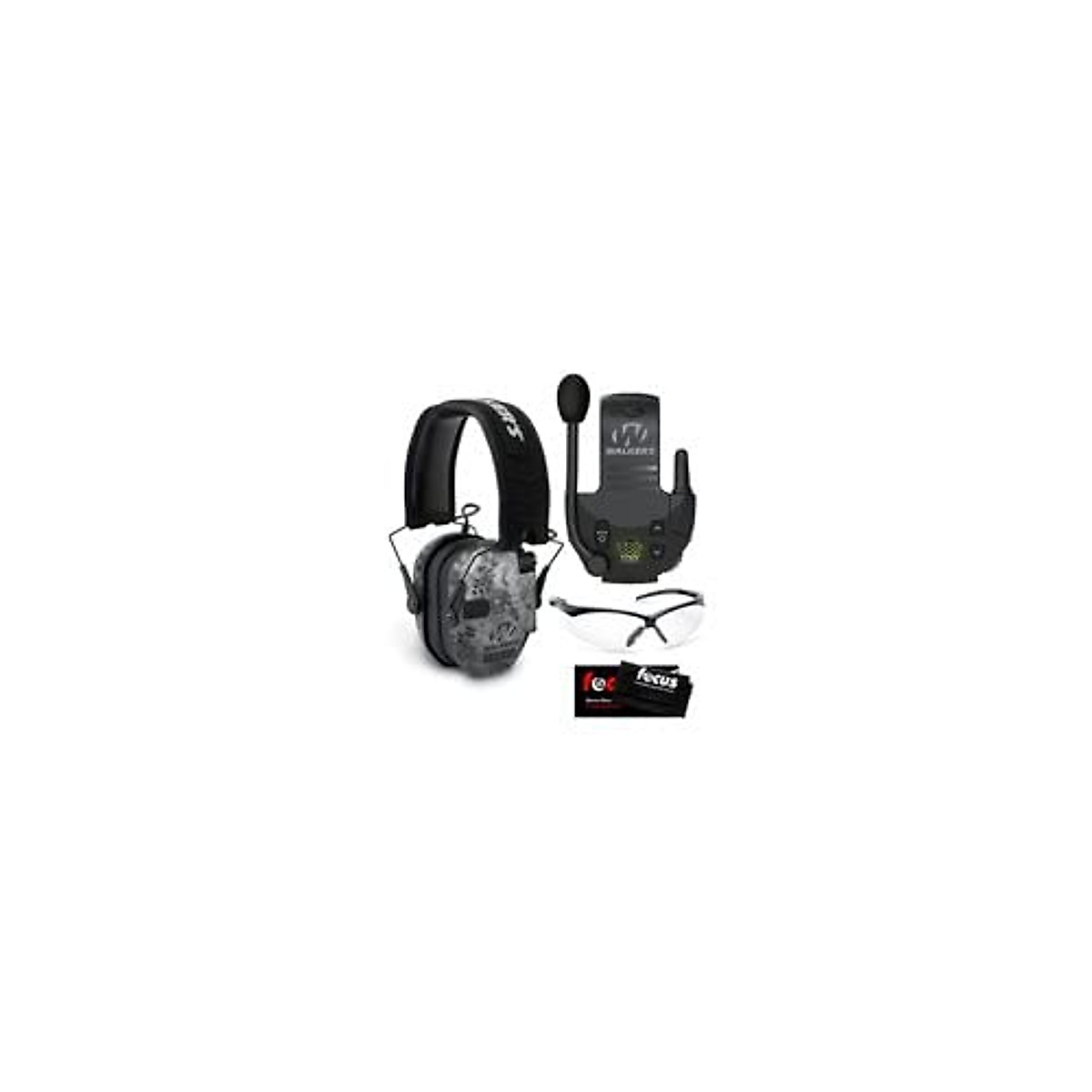 Walker's Razor Digital Ear Muffs (Raid Kryptek) Bundle with Walkie-Talkie and Sport Shooting Glasses (4 Items)
