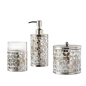 Madison Park Tesera Glass Bathroom Accessory Set, Stainless Steel Top, Handcrafted Mosaic Tiles, Vanity Décor, Lotion / Soap Dispenser with Pump, Tumbler, Covered Jar, Multi-Sizes, Silver/Gold 3 Piece