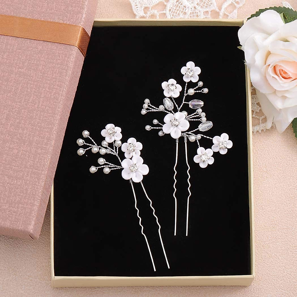 Fstrend Bridal Wedding Hair Pins Silver Sparkly Rhinestones Pearls Flower Hair Pin Bride Hairpieces Gorgeous Hair Accessories for Women(Pack of 2) (Silver)