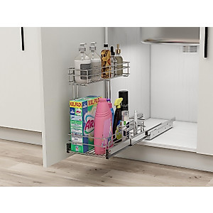 STORKING 2 Tier Under Sink Pull Out Cabinet Organizer Slide Wire Shelf Basket for Kitchen Base Cabinets 9" W 17" D 16" H (17D,2pcs)