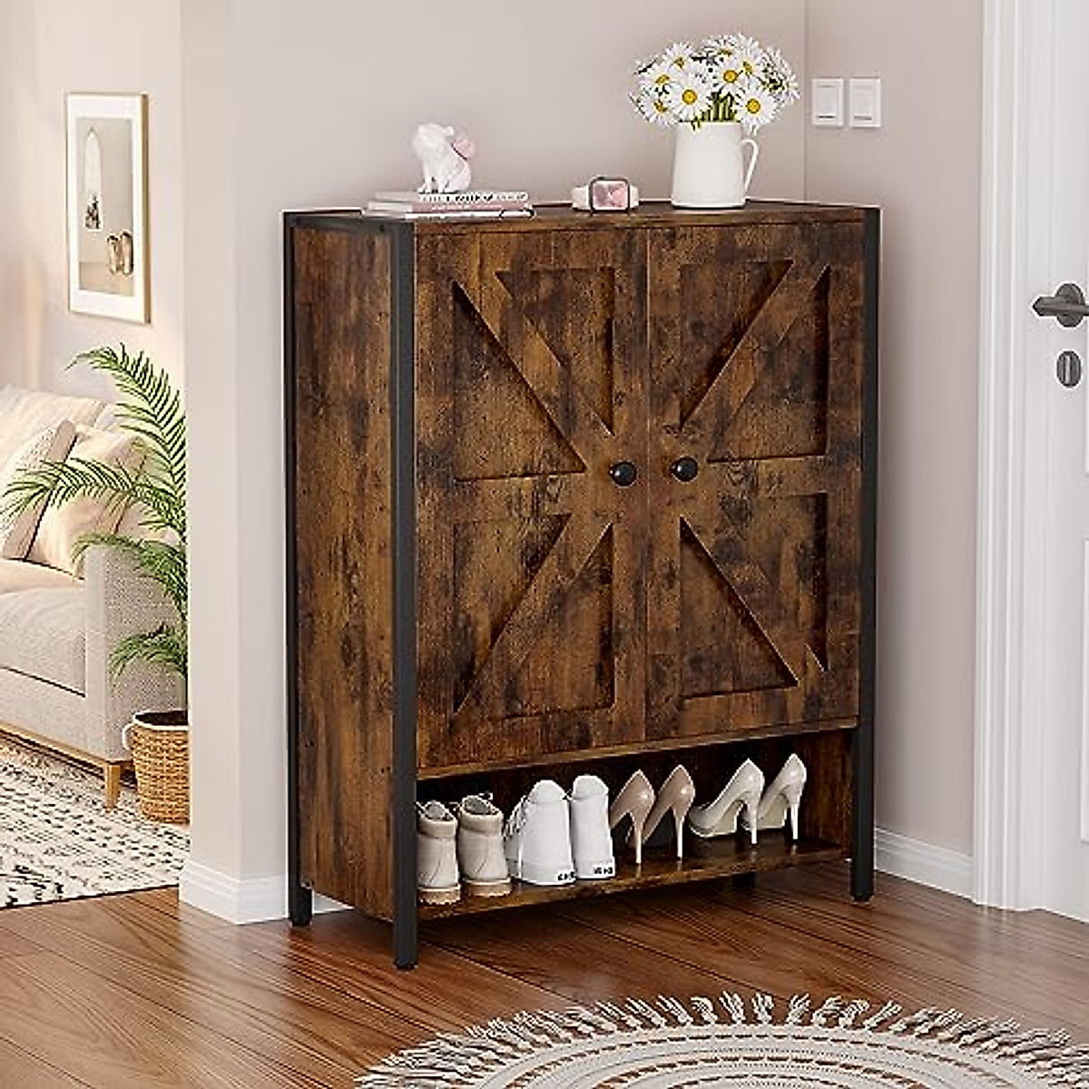 Homeiju Shoe Cabinet with Doors and Shelves,24 Pairs Entryway Shoe Storage Cabinet with Adjustable Shelves,6-Tier Free Standing Shoe Organizer Cabinet for Entryway (Rustic Brown)