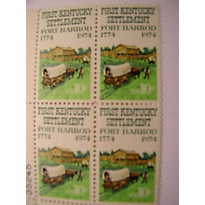 US Postage Stamps, 1974, Fort Harrod, First Kentucky Settlement, S# 1542, Plate Block of 4 10 Cent Stamps