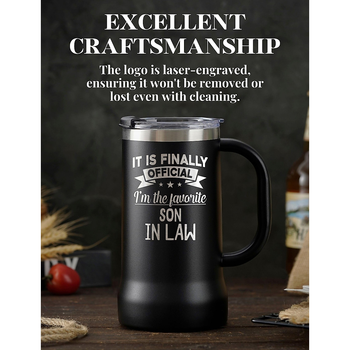 Onebttl Son in Law Gifts from Mom Dad, Parent, Father, Mother for Engagement, Wedding, Marriage, Stainless Steel Beer Stein Tumbler, 24oz Beer Mug with Lid