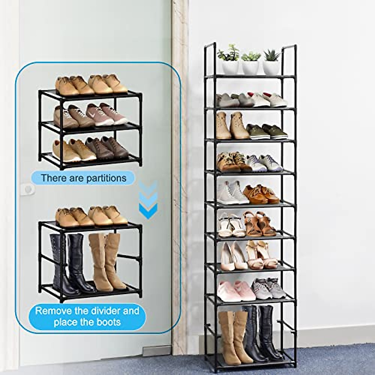 10 Tiers Shoe Rack, 20 Pairs Tall Shoe Storage Organizer Stackable Narrow Metal Stand Shelf for Closet Entryway Hallway, Black
