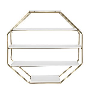 Kate and Laurel Lintz Large Modern Octagon Floating Wall Shelves with Metal Frame, Gold and White