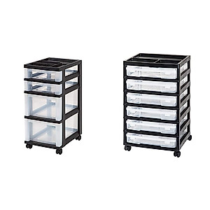 IRIS 4-Drawer Rolling Storage Cart with Organizer Top, Black with IRIS 6-Drawer Scrapbook Cart with Organizer Top, Black