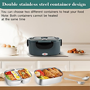 IXIIE Electric Lunch Box 80W Food Warmer for Work, 12V/24V/110V Portable Lunch Warmer for Adults with 2-Pack Stainless Steel Containers, Heated Lunch Box for Car/Truck/Office/Outdoors (Grey+Black)