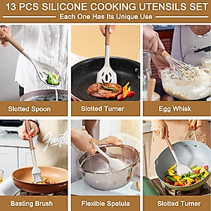 Kitchen Utensils Set- 13 Pcs Cooking Utensils with Tongs, Spoon Spatula &Turner Made of Heat Resistant Food Grade Silicone and Wooden Handles Kitchen Gadgets Tools Set for Nonstick Cookware (White)
