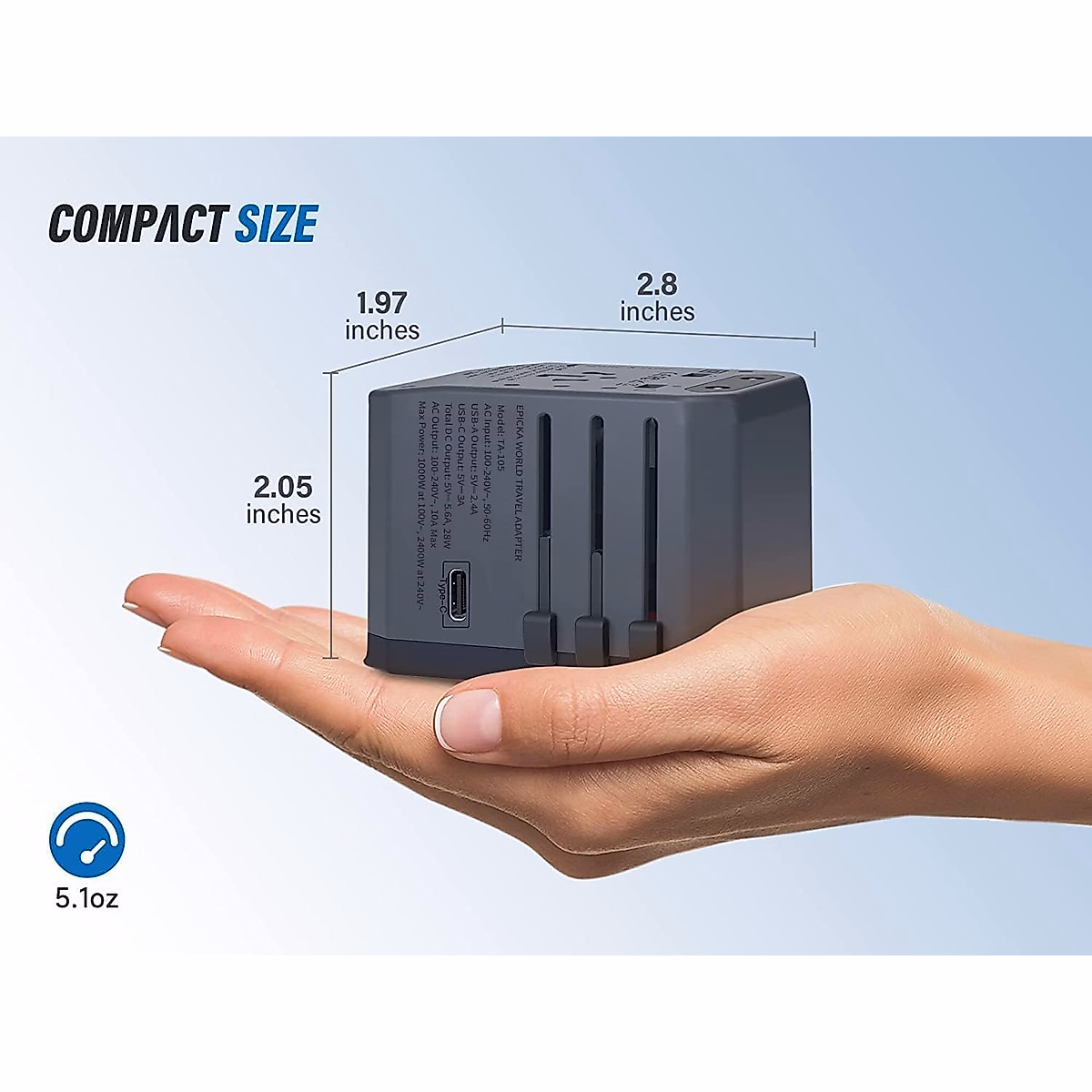 EPICKA Universal Travel Adapter, European Travel Plug Adapter - International Power Adapter Worldwide Charger with USB-C & 4 USB Ports, Travel Essentials for Italy, UK, Japan (TA-105, Space Grey)