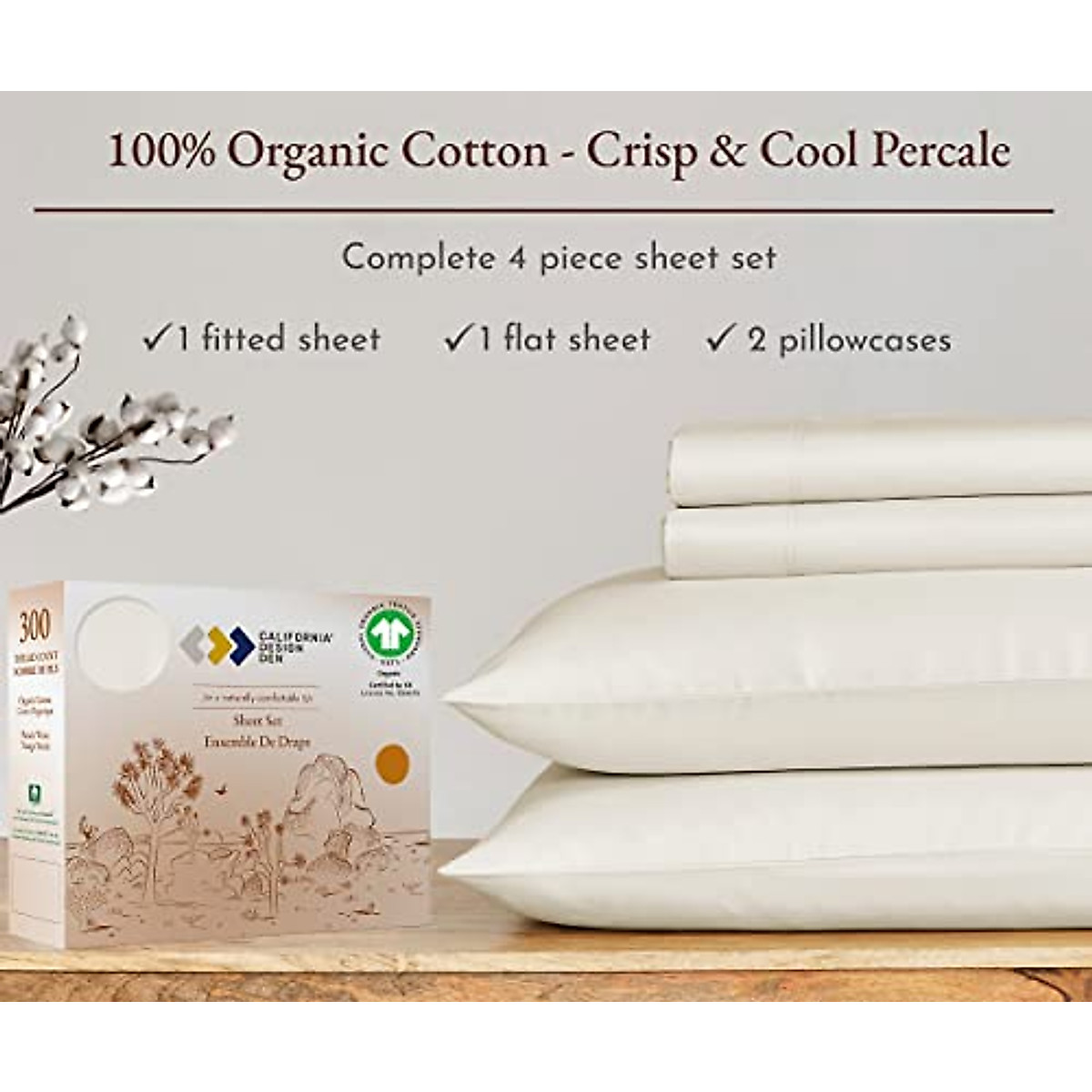 California Design Den 100% Organic Cotton Queen Sheet Set, GOTS Certified - Percale Sheets Queen - Soft Cooling Sheets - Deep Pockets - 4 Piece Cotton Bed Sheets Queen, Ivory Sheets