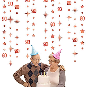 Rose Gold 90th Birthday Decorations Number 90 Circle Dot Twinkle Star Garland Metallic Hanging Streamer Bunting Banner Backdrop for Women Mens 90 Year Old Birthday Ninety Anniversary Party Supplies