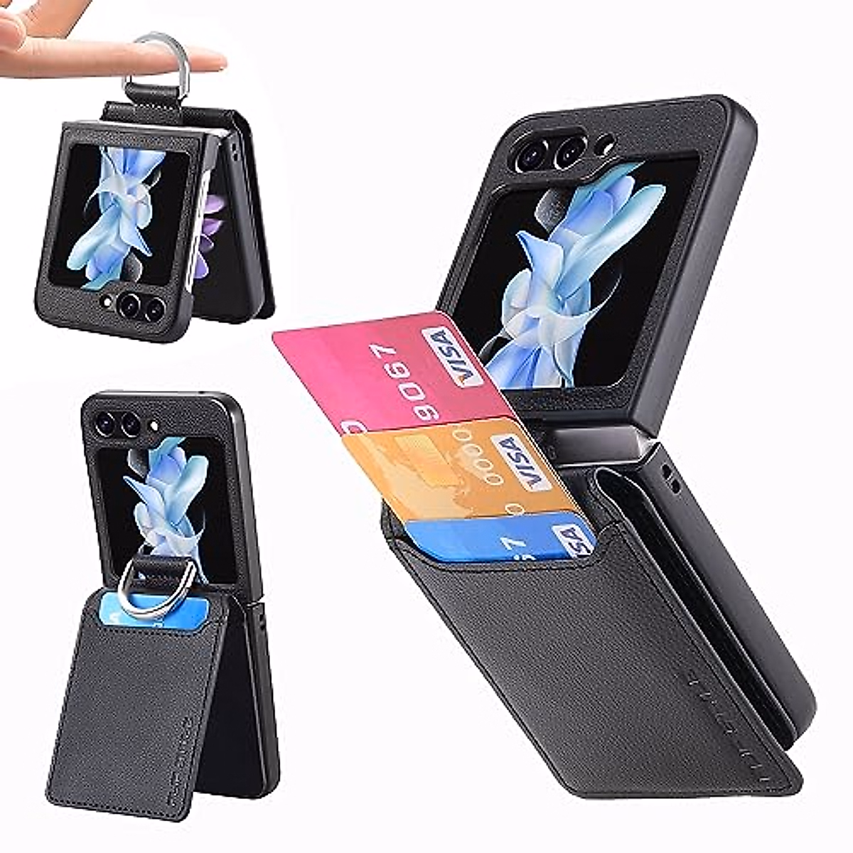 phone protective flip case Compatible with Samsung Galaxy Z Flip 5 Wallet Case with Ring, Galaxy Z Flip 5 2023 Case with Card Holder Premium PU Leather Protective Phone Case Cover ,Slim Protection Sho