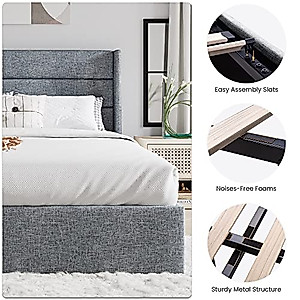 SHA CERLIN Queen Size Lift Up Storage Bed/Modern Wingback Headboard/Upholstered Platform Bed Frame/Hydraulic Storage/No Box Spring Needed/Wood Slats Support/Grey Blue