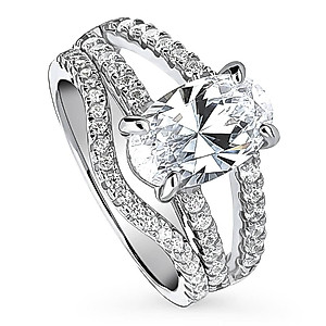 BERRICLE Sterling Silver Solitaire Wedding Engagement Rings 2.7 Carat Oval Cut Cubic Zirconia CZ Split Shank Ring Set for Women, Rhodium Plated Size 7