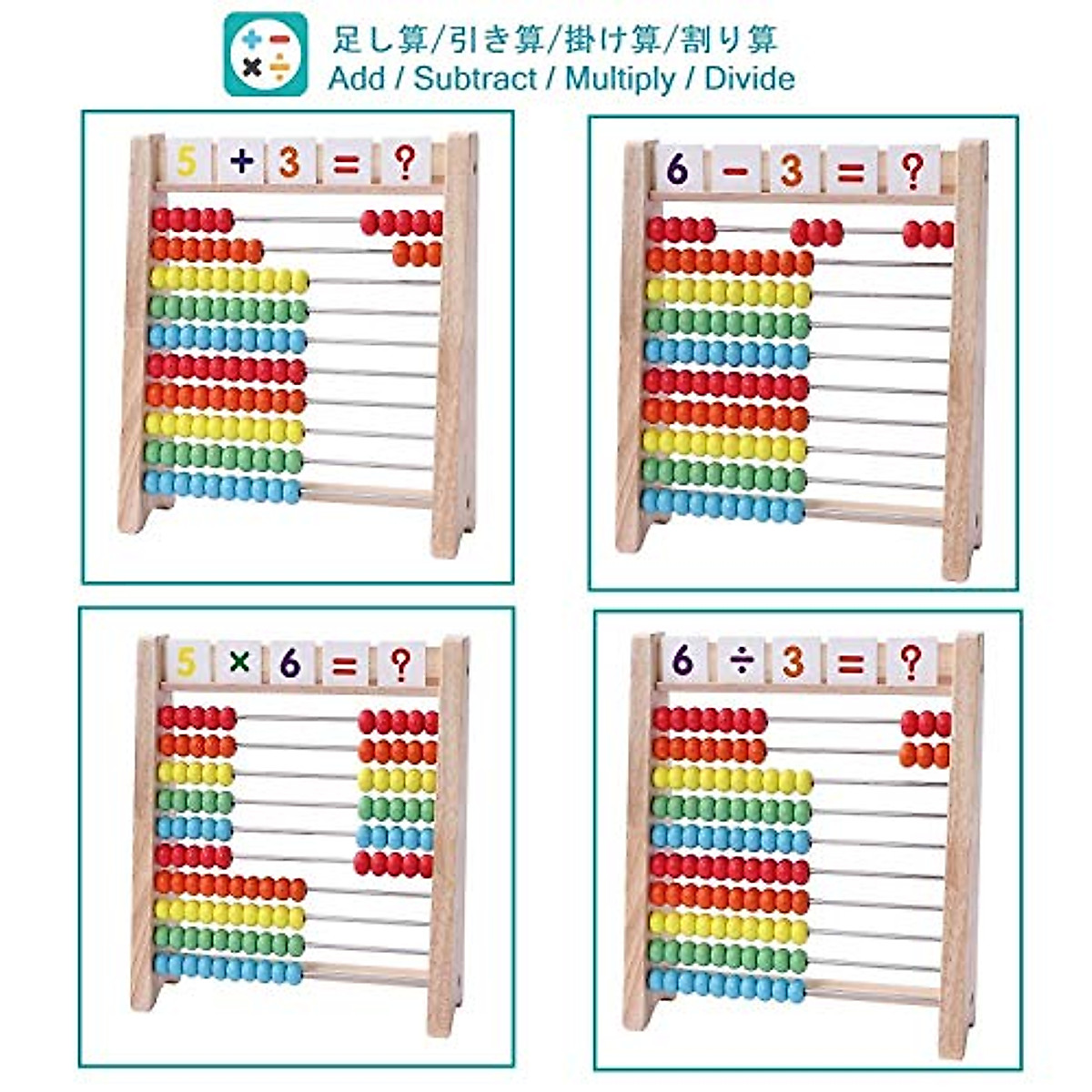 Educational Abacus for Kids Math - 10 Row Wooden Counting Frame with Number 1-100 Cards - Teach Counting, Addition and Subtraction, Preschool Learning Math Toys for Boys Girls Gift 3 4 5 Year Old