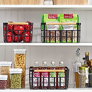 mDesign Metal Wire Storage Organizer Basket with Bamboo Wood Handles for Kitchen Pantry, Rustic Farmhouse Bin to Store Fruit, Coffee, Spices, Supplies, Yami Collection, 8 Pack, Matte Black/Natural/Tan