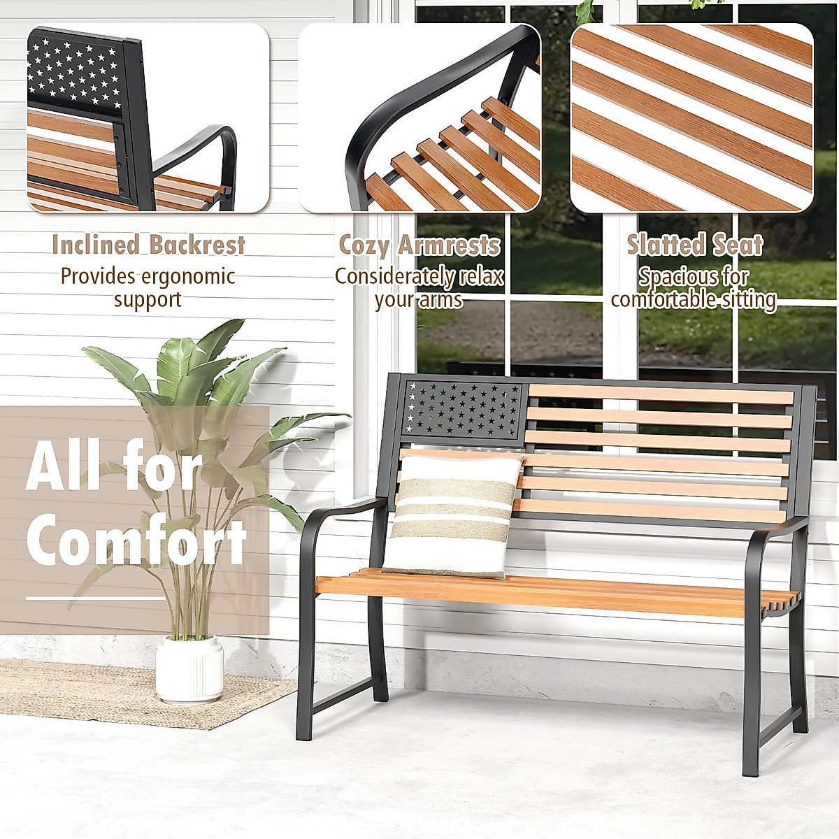 Giantex Outdoor Bench, 2-Person Metal Garden Bench with American Flag Backrest, Curved Armrests & Slatted Seat, 660 Lbs Capacity, Outdoor Bench for Lawn, Porch, Yard, Park Bench