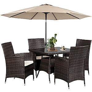 SUNCROWN 5 Piece Outdoor Dining Set All-Weather Wicker Patio Dining Table and Chairs with Cushions, Tempered Glass Tabletop with 9 FT Patio Umbrella for Patio Backyard Porch Garden Poolside, Square