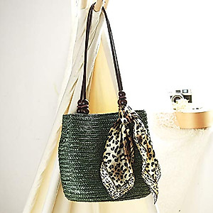 QTKJ Women Retro Bucket Straw Bag Handwoven Rattan Beach Tote Shoulder Bag with Brown Bead (Green)
