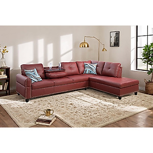 LOPOO Modern Red L-Shaped Sectional Couch, Button Tufted Upholstered Modular Faux Leather Large Sofas with Chaise Lounge, Living Room Furniture Sets w/Foldable Console and Cup Holders (Red)