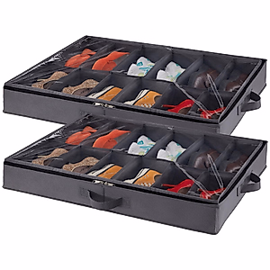 Lifewit Under Bed Shoe Storage Organizer Set of 2, Foldable Fabric Shoes Container Box with Clear Cover See Through Window Storage Bag with 2 Handles Total Fits 24 Pairs of Shoes, Grey
