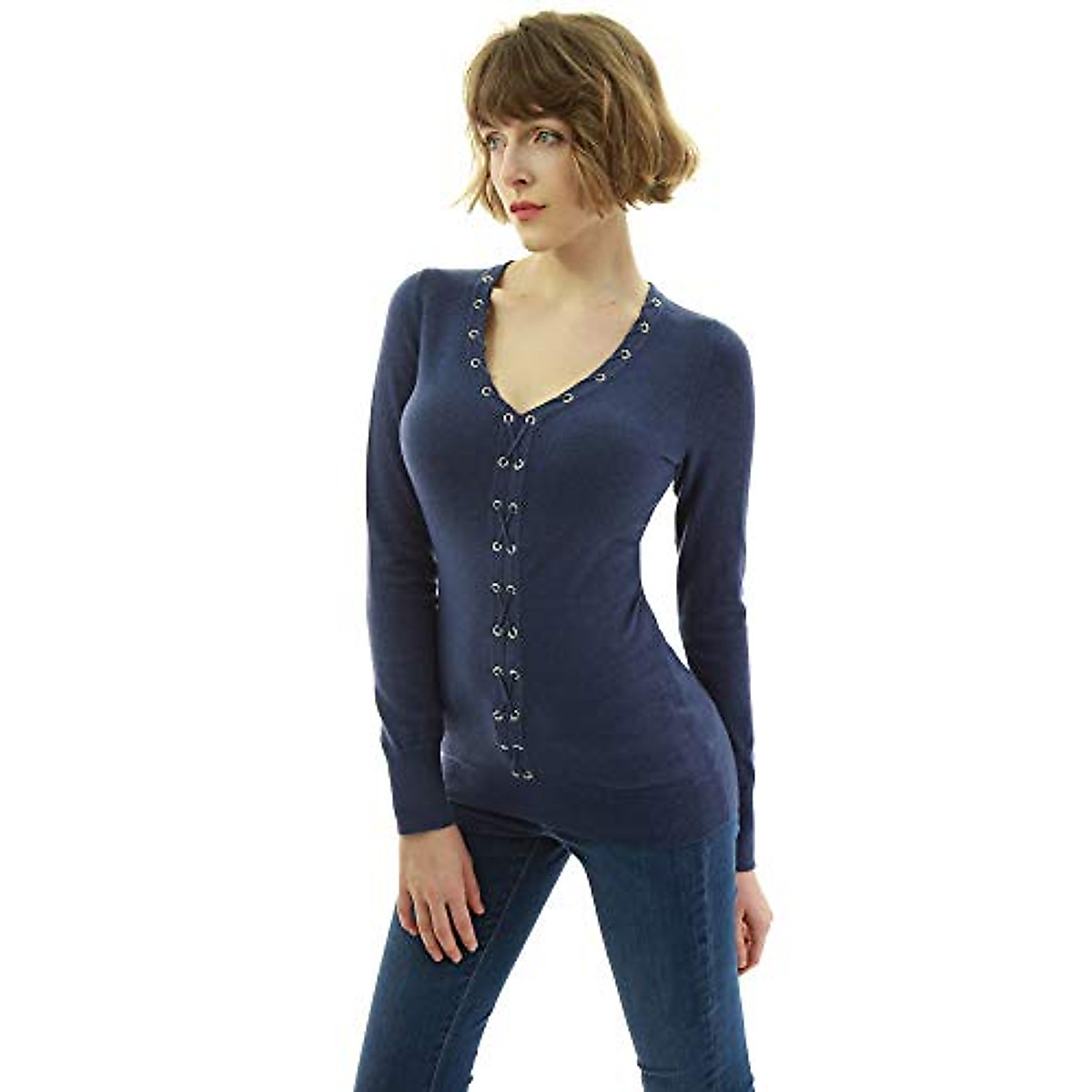 AmélieBoutik Women V Neck Eyelet Trim Long Sleeve Sweater (Dark Heather Blue Medium)